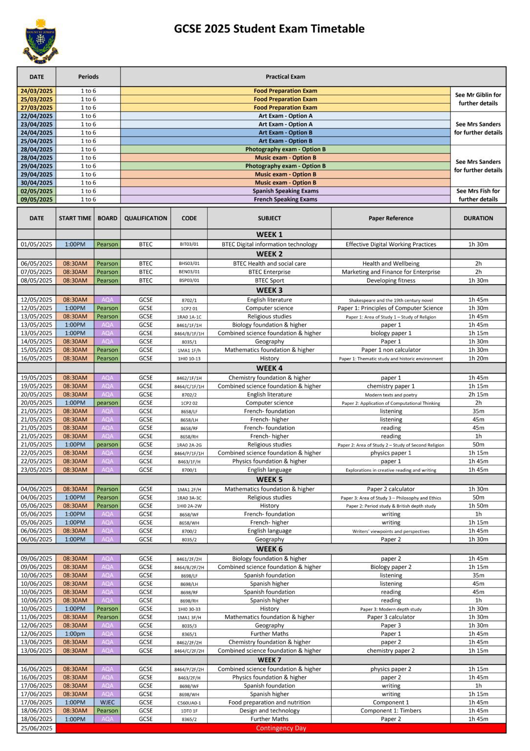 Year 11 GCSE Exam Timetable - Mount St Joseph Catholic School