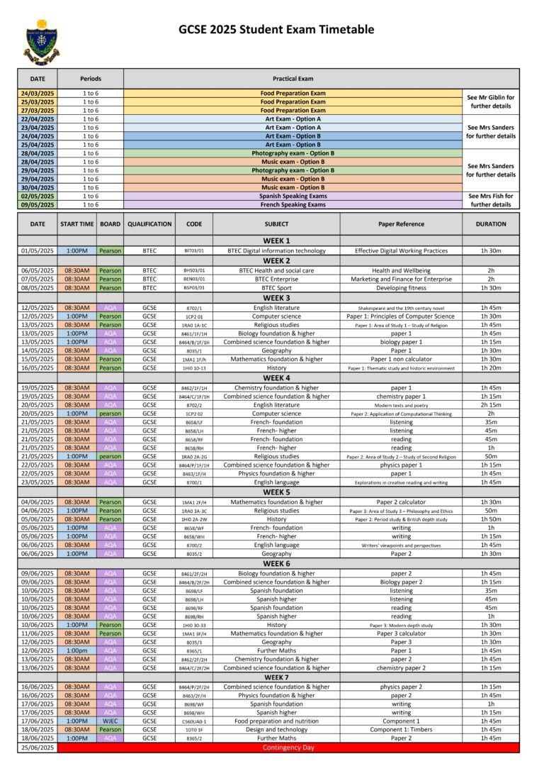 Year 11 GCSE Exam Timetable - Mount St Joseph Catholic School