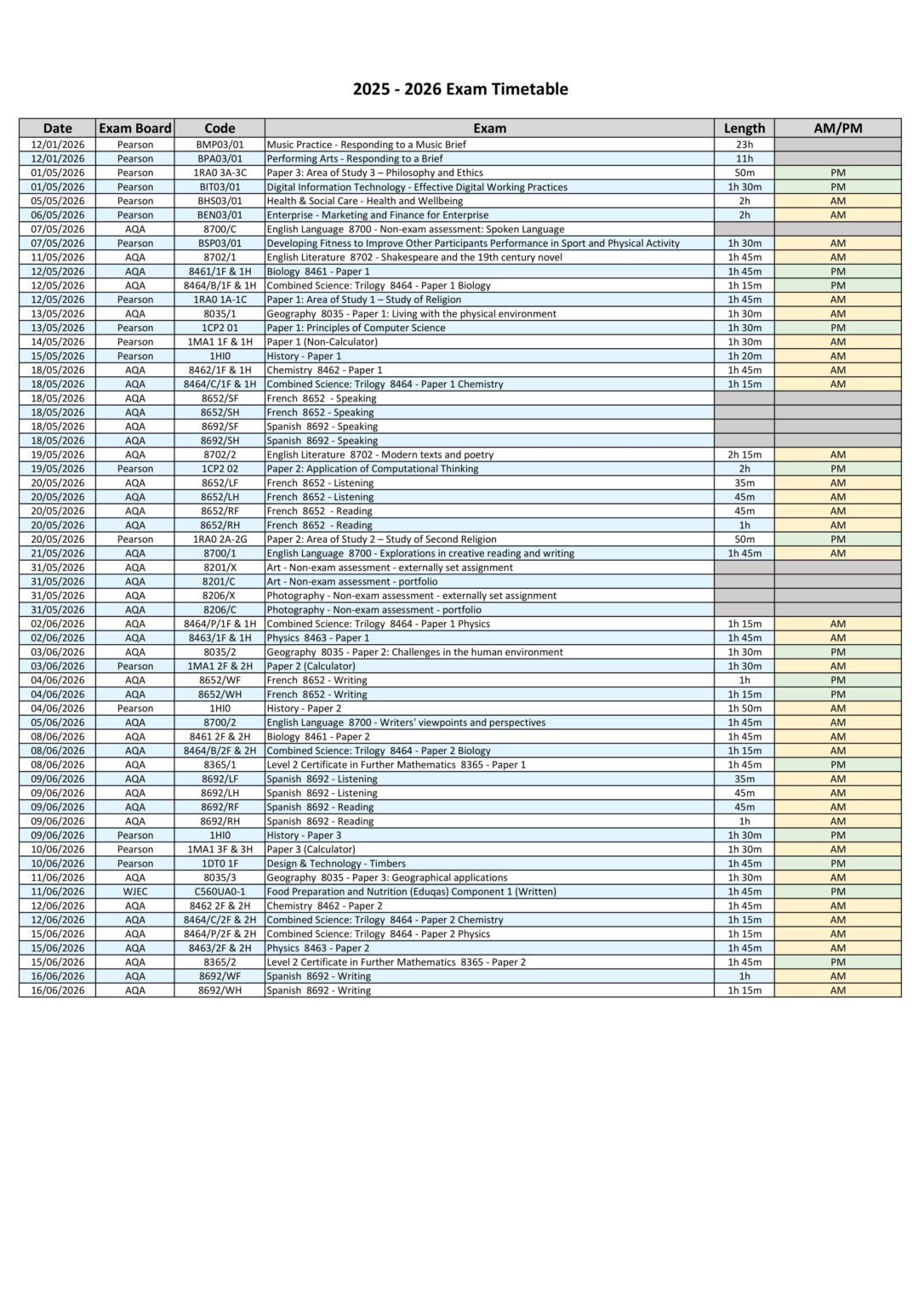 Year 11 Provisional GCSE Exam Timetable 2025 - 2026 - Mount St Joseph ...