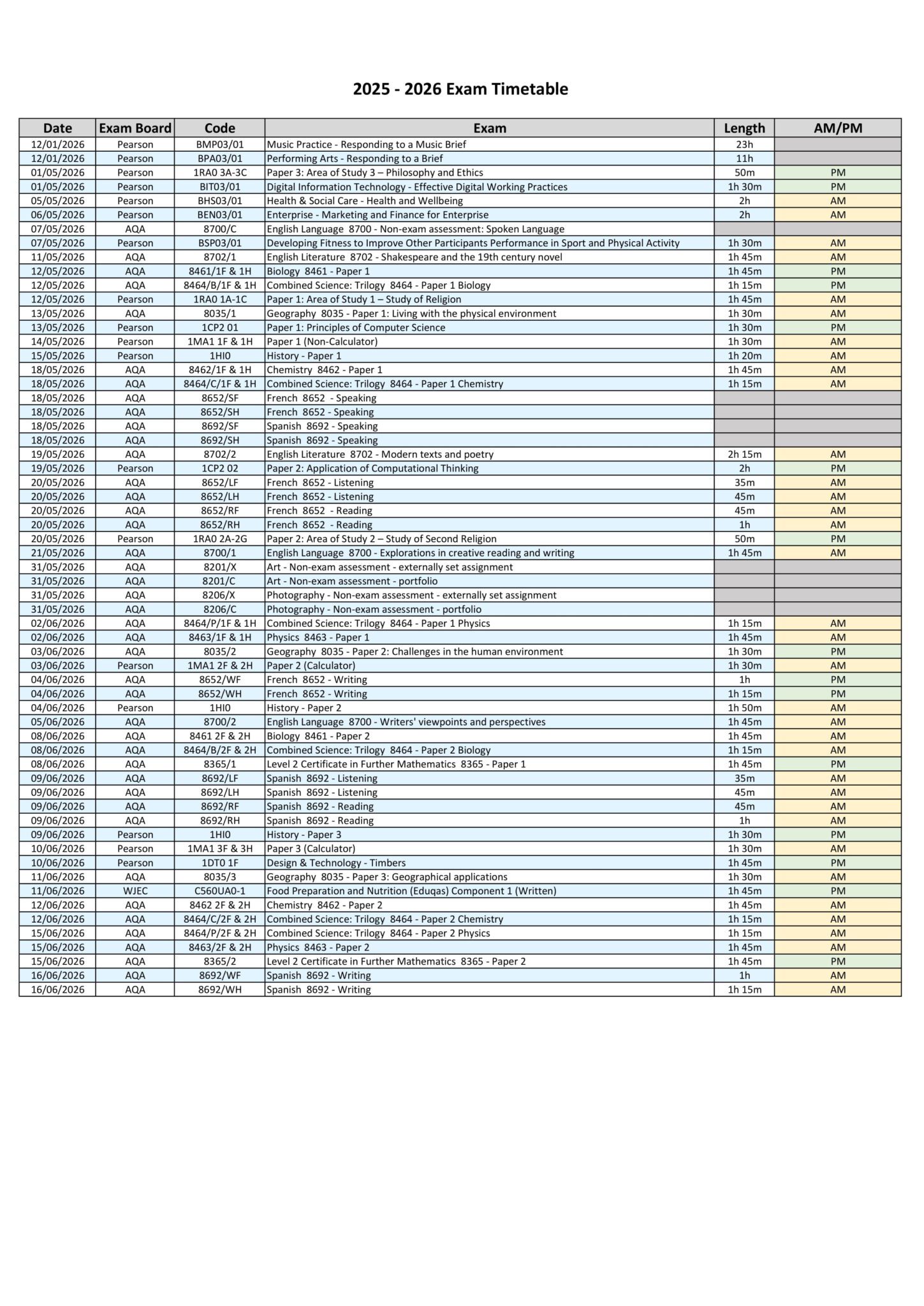 Year 11 Provisional GCSE Exam Timetable 2025 - 2026 - Mount St Joseph ...